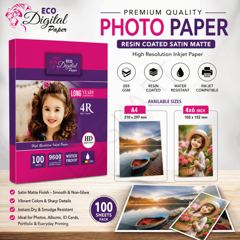 Eco Digital 255 GSM Satin Matte Inkjet RC Photo Paper A4 & 4×6
