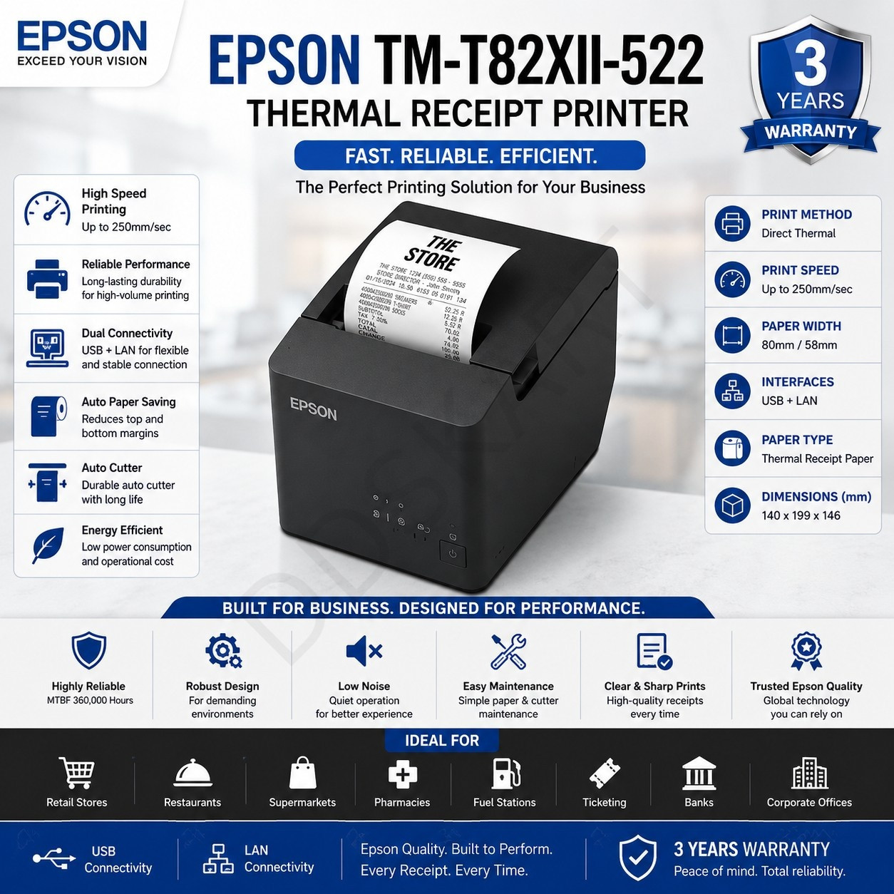 Epson TM-T82XII522 USB+LAN Thermal Receipt Printer For Billing