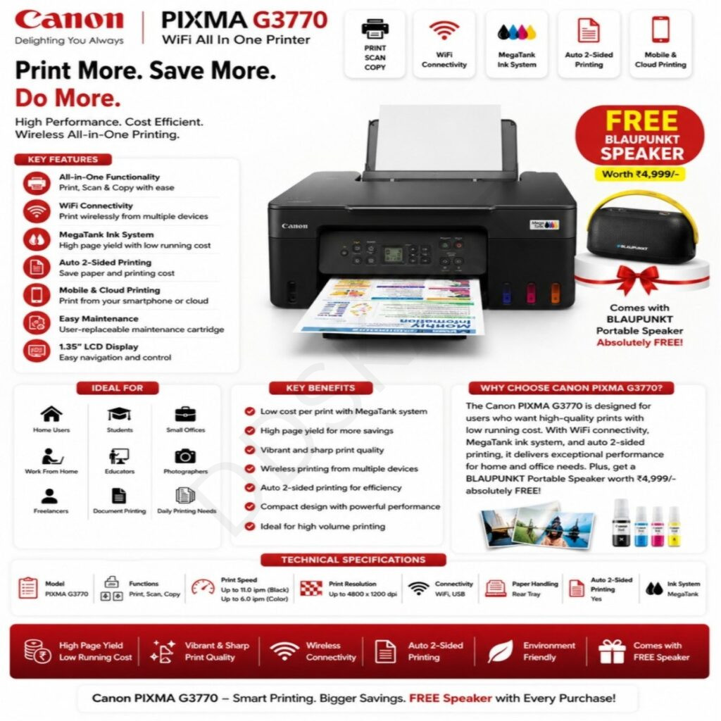 Canon Pixma G3770 WiFi Printer | Free Blaupunkt Speaker Offer