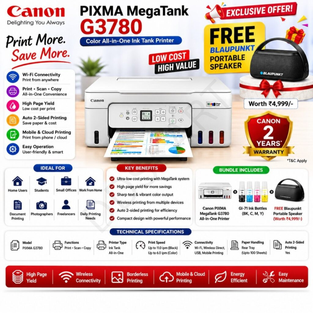 Canon PIXMA G3780 Printer with Free Blaupunkt Speaker | WiFi