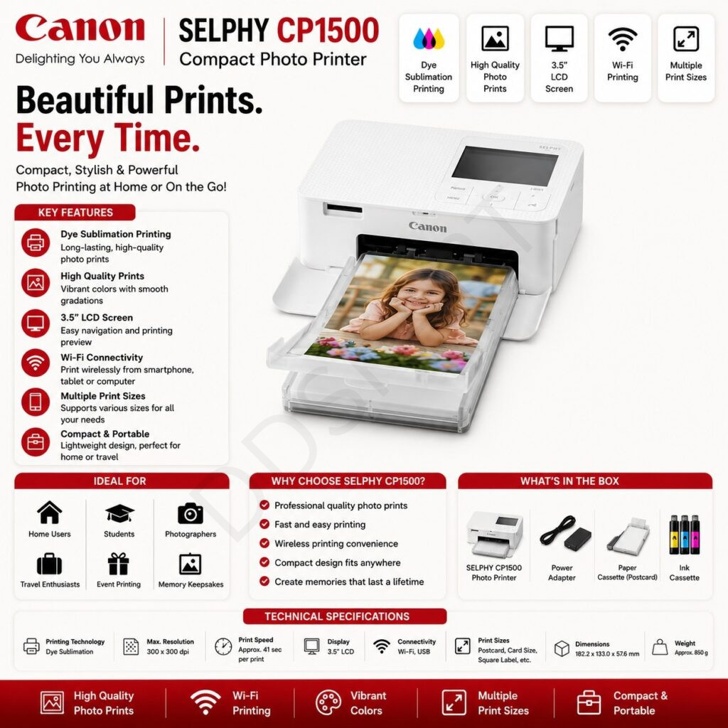 Canon SELPHY CP1500 Compact Photo Printer | WiFi Photo Print