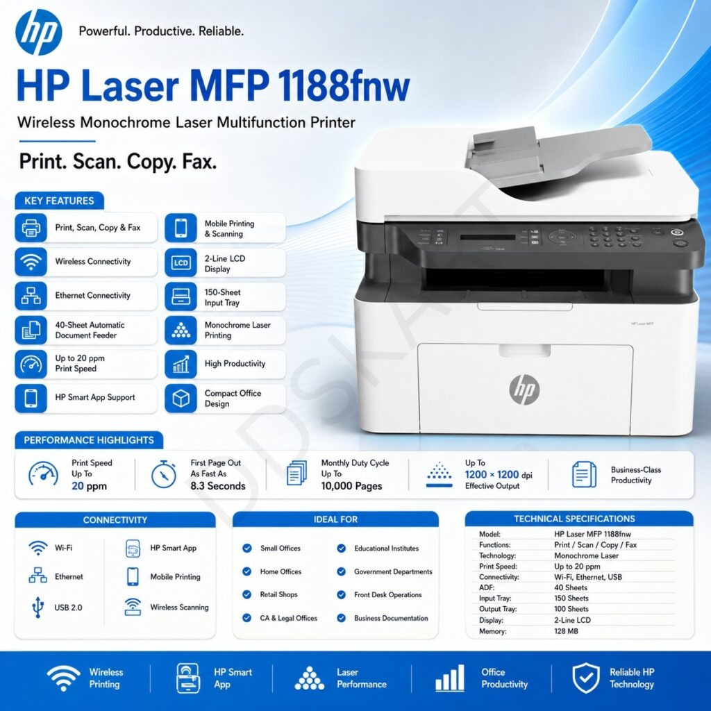 HP Laser MFP 1188fnw Printer | Wireless Monochrome Multi-func